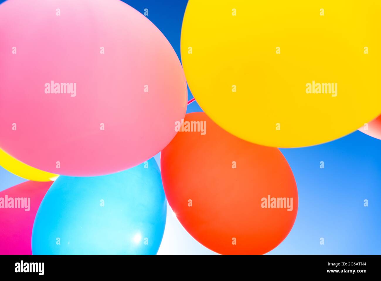 Pretty sunlit solid color balloons viewed from below with blue sky ...
