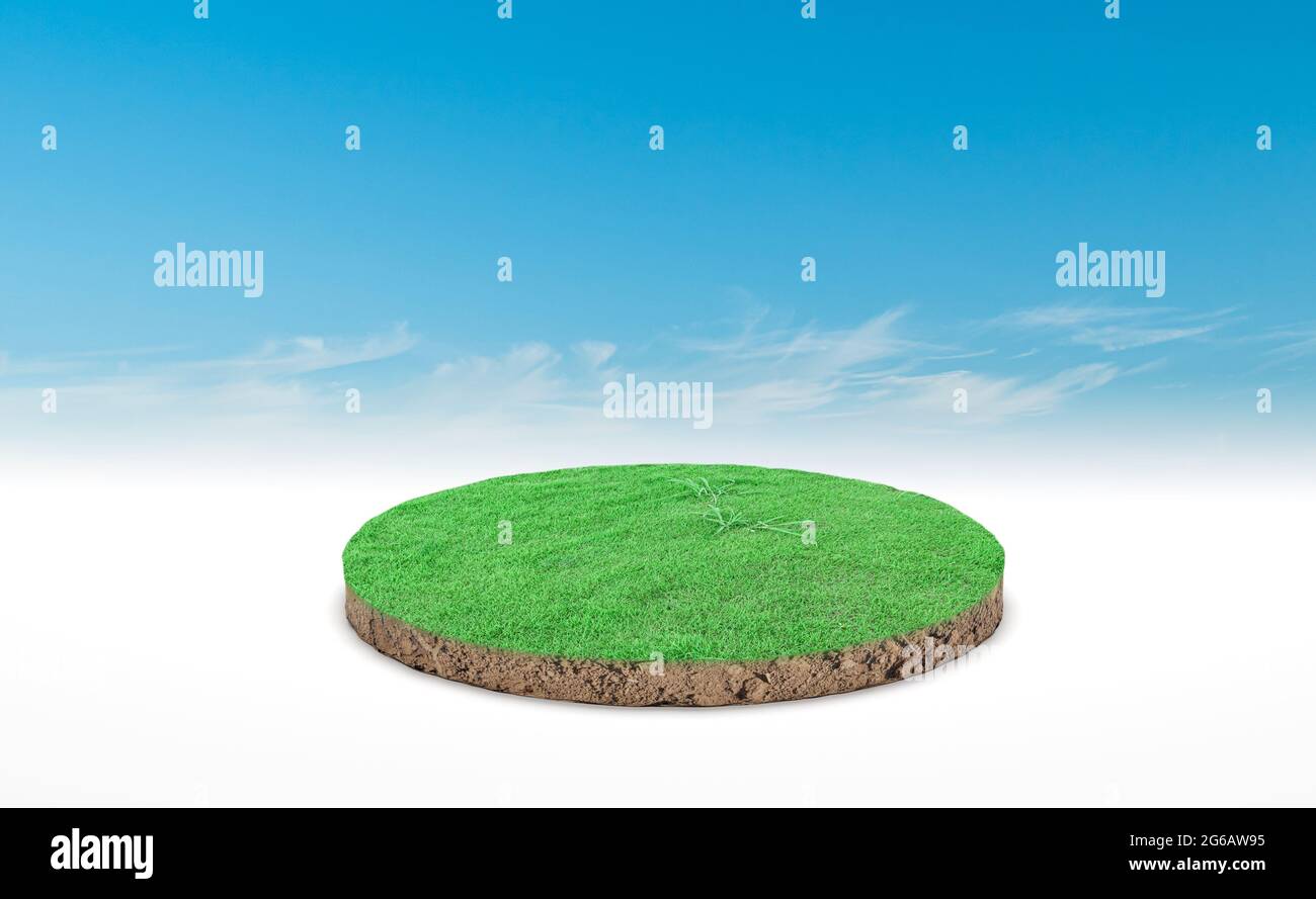 3d rendering, circle podium of land meadow. Soil ground cross section ...