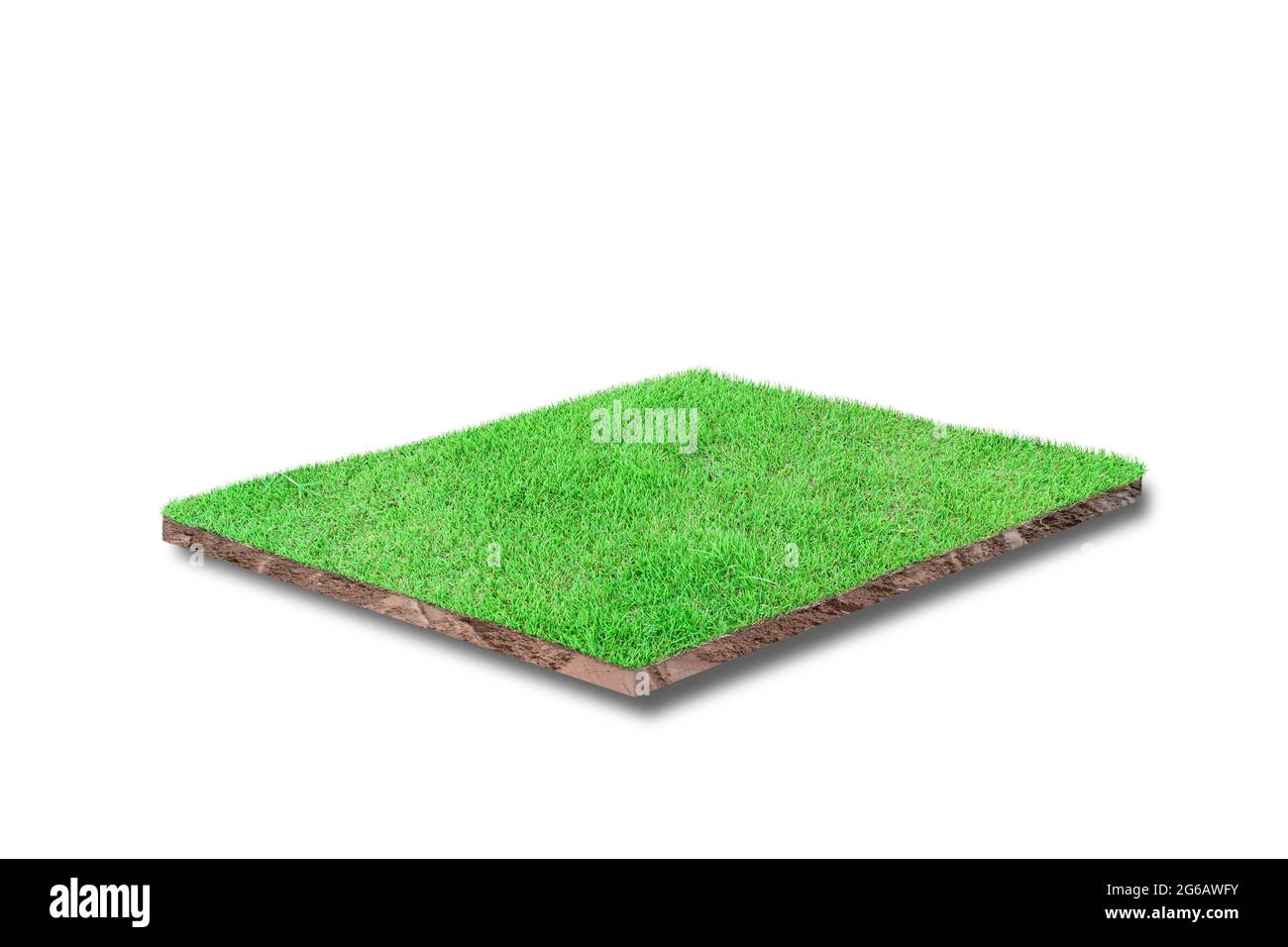 3D render. Soil cubical cross section with green grass isolated on ...