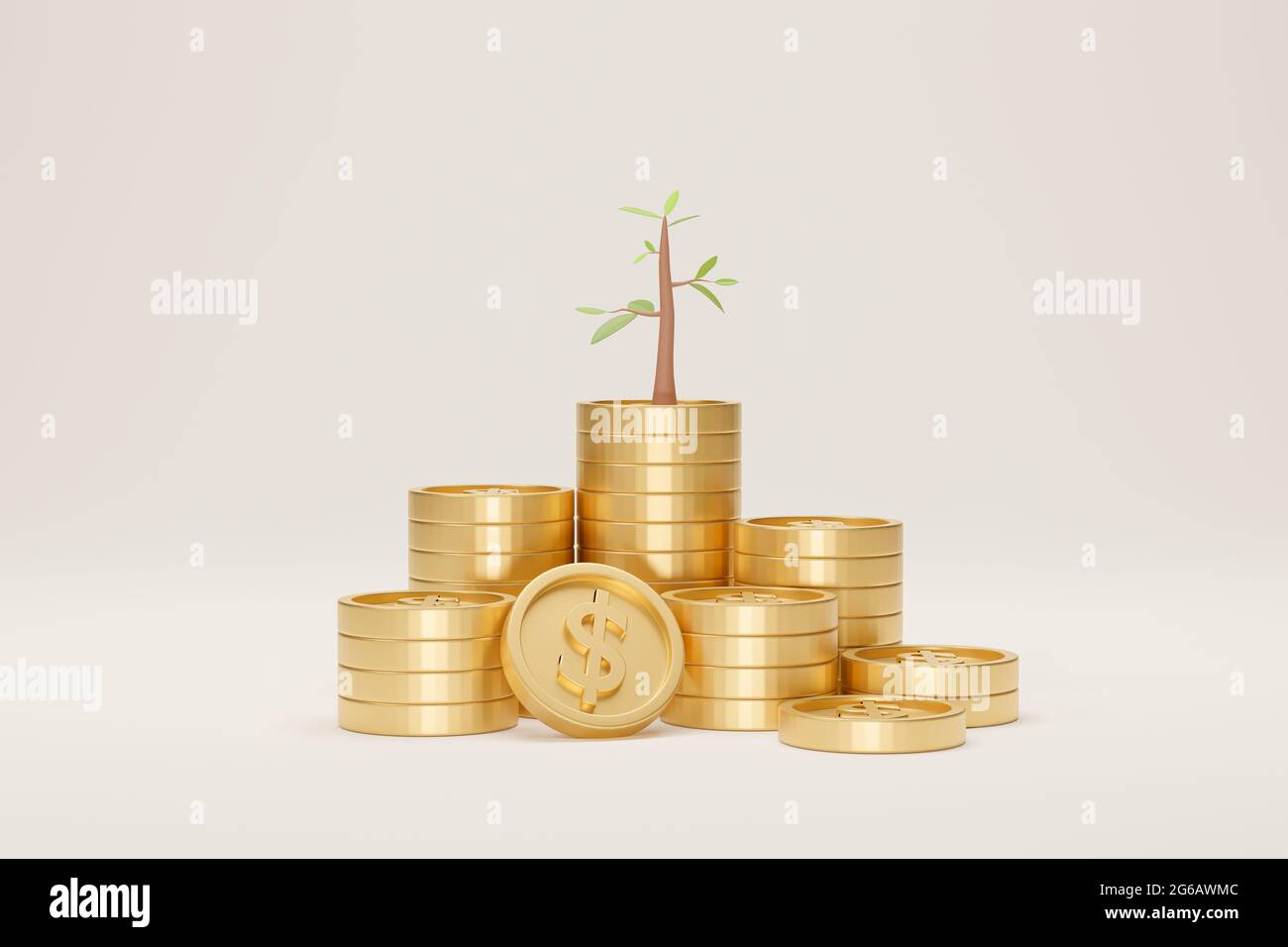 Coin stack growth with tree on white background. Growing saving concept ...