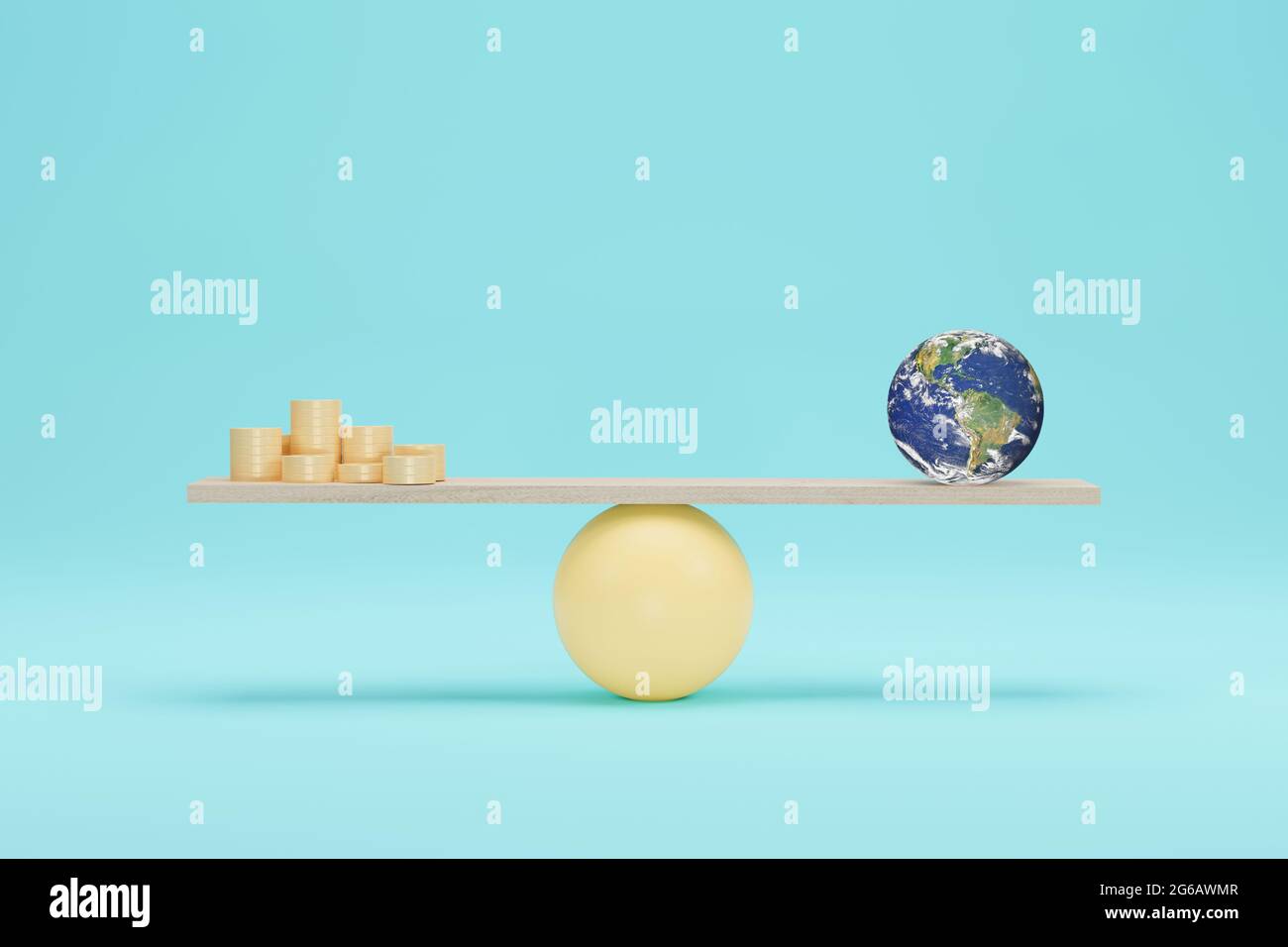 Earth globe vs coin on scales 3D illustration. Balance on scale ...