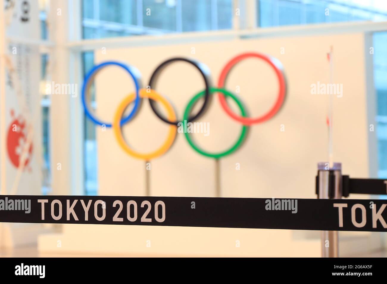 JULY 2, 2021 : The Olympic rings is displayed at the Haneda airport ...