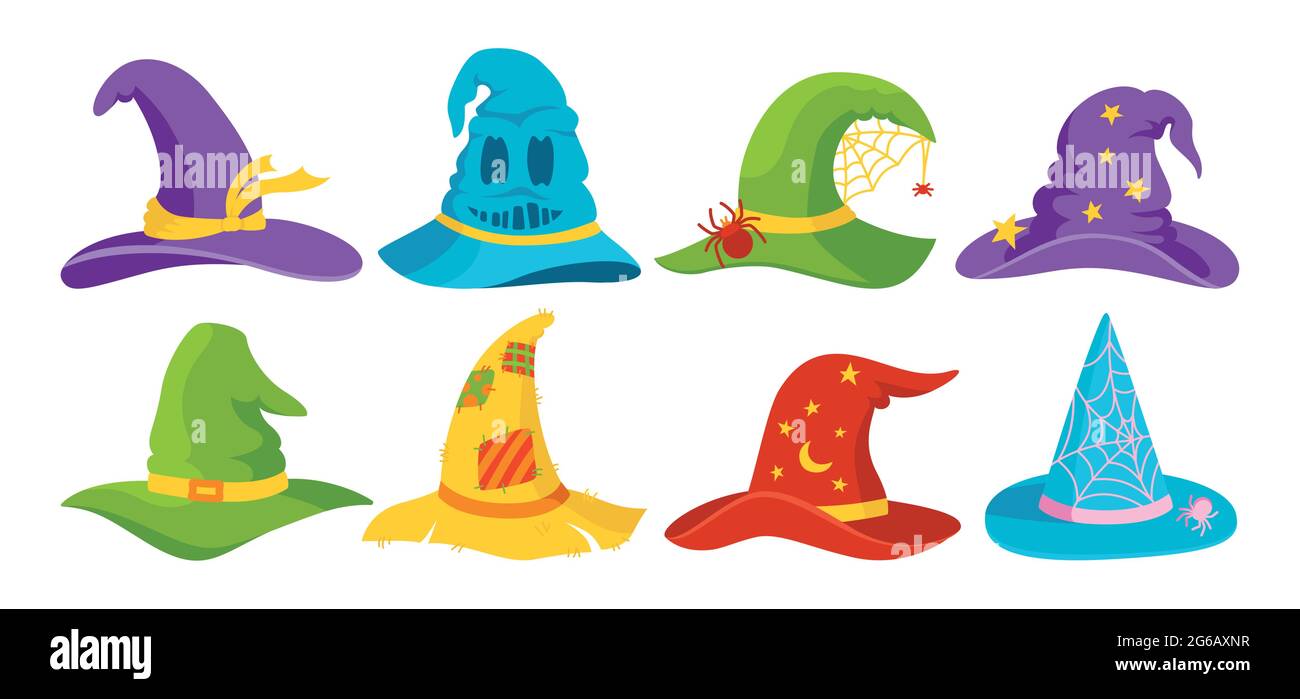 Witch hat Halloween flat cartoon set. Party color magic hats, horror ...