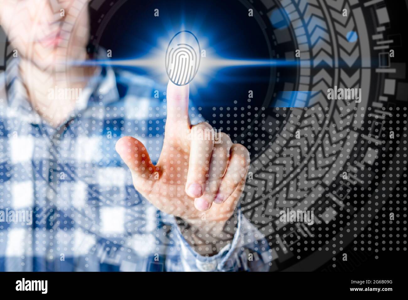 persons hand and 3d finger print hologram in front of him Stock Photo ...