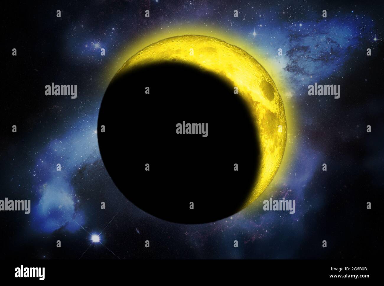 crescent or half of the yellow moon covered with shadow in space ...