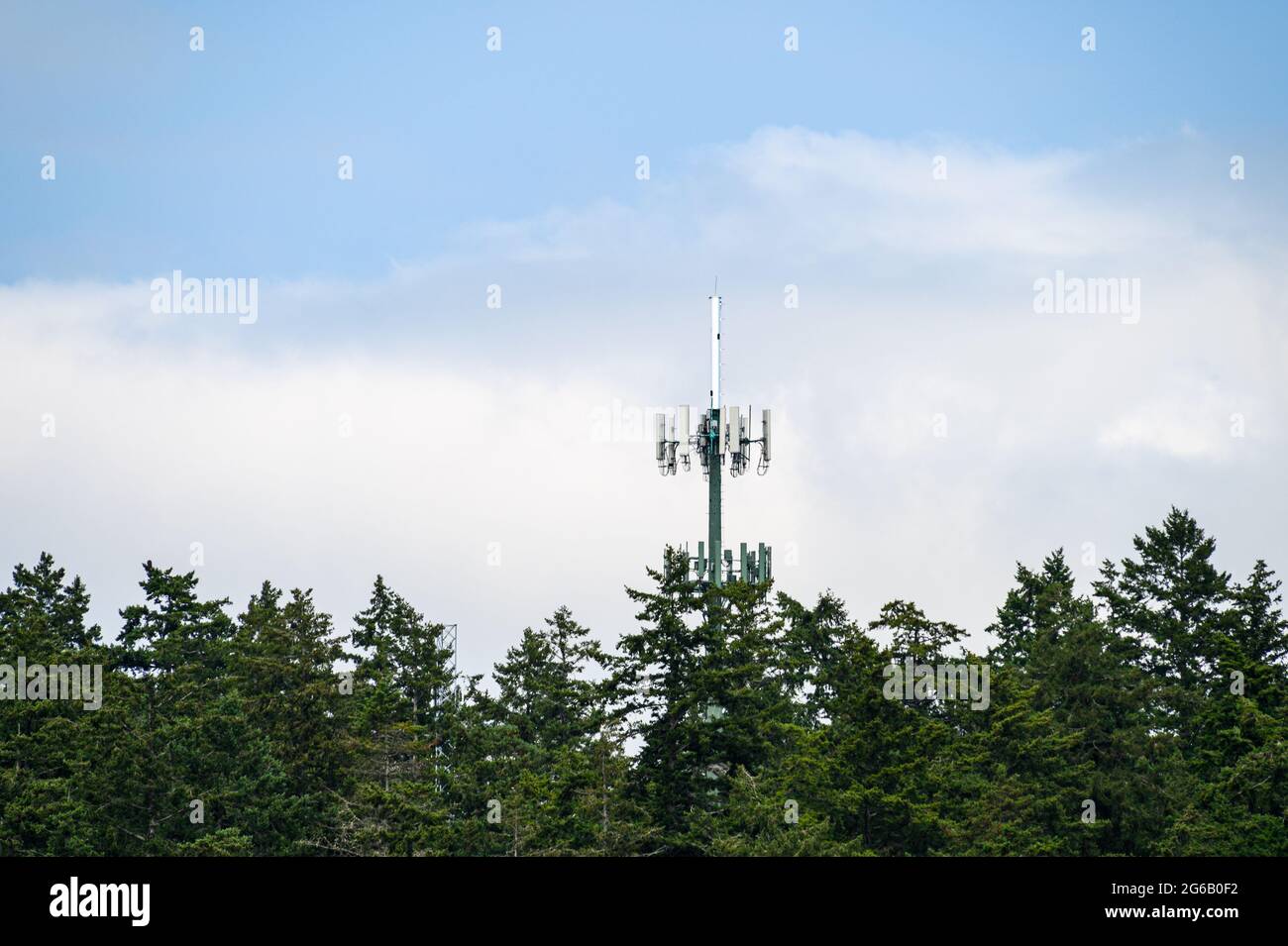 Mobile communications tower with antennas on top, showing above a ...