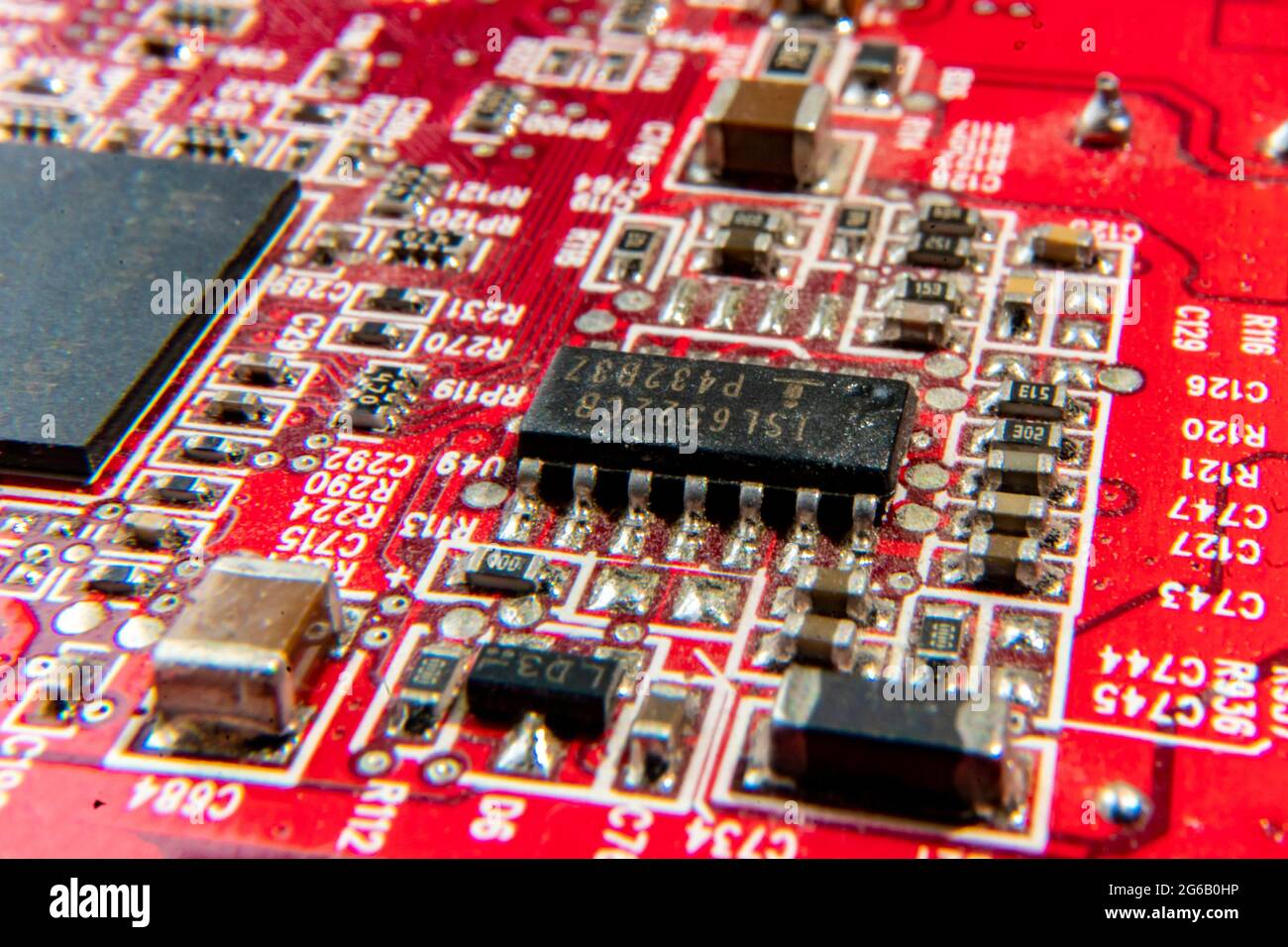 close up shot of of circuitboard with transisror installed in it, pcb ...