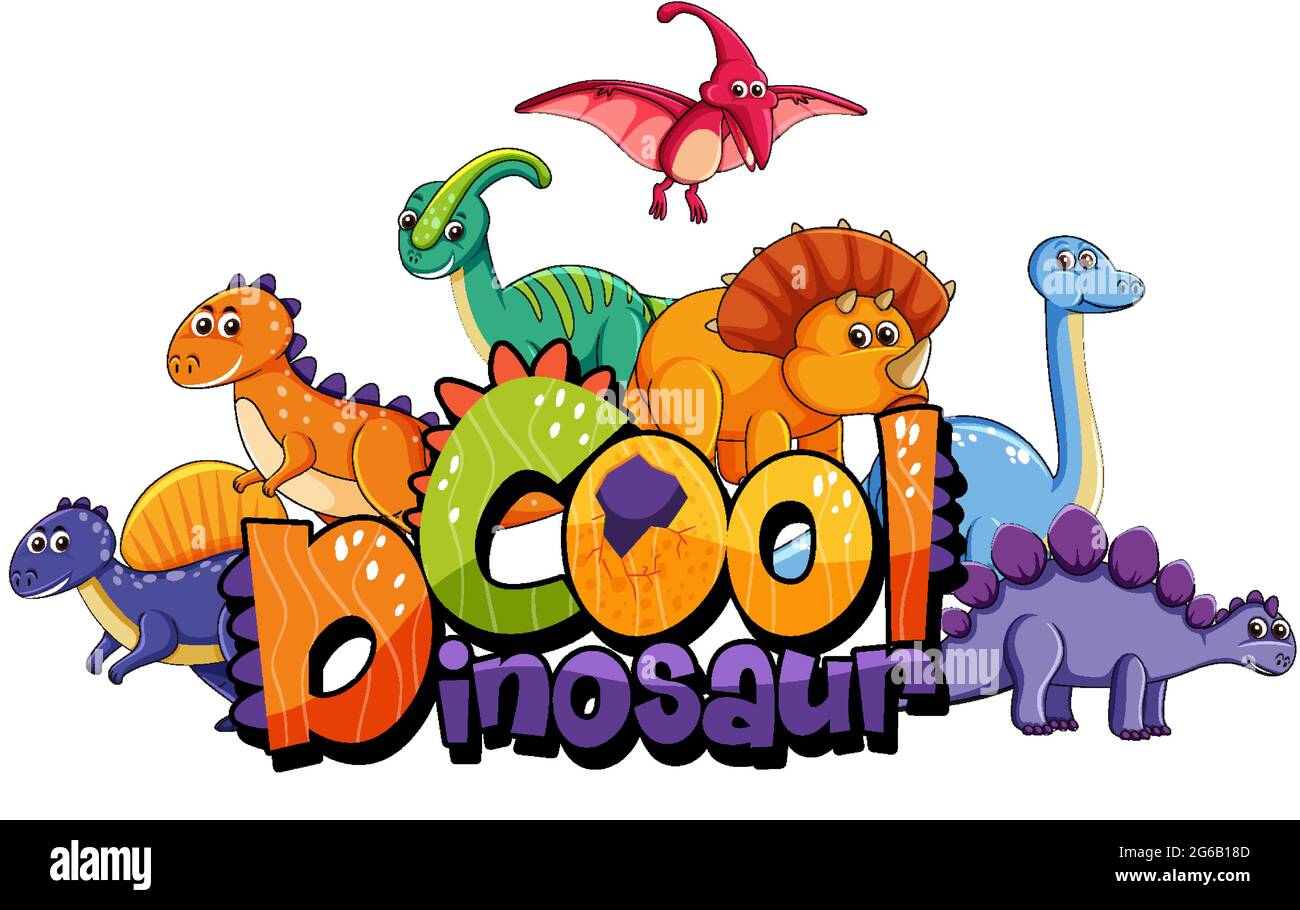 Cute dinosaurs cartoon character with cool dinosaur font banner ...