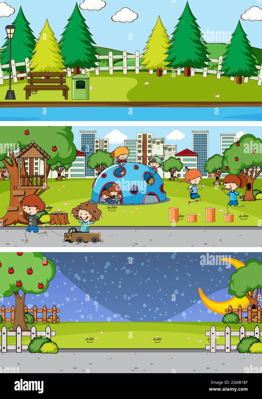 Set of different horizon scenes background with doodle kids cartoon ...