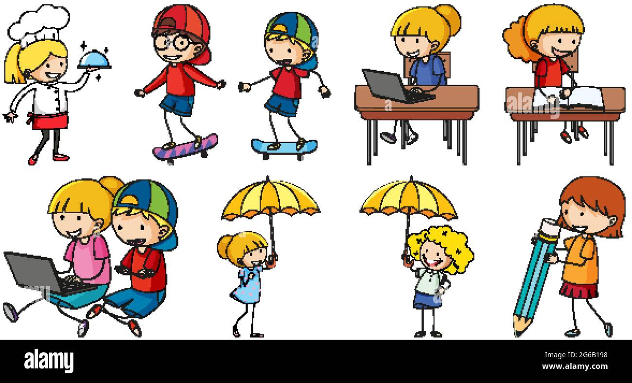 Set of different doodle kids cartoon character isolated illustration ...