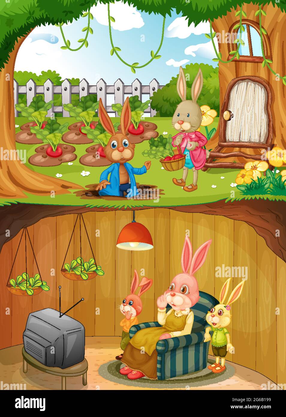 Rabbit family in underground with ground surface of the garden scene ...