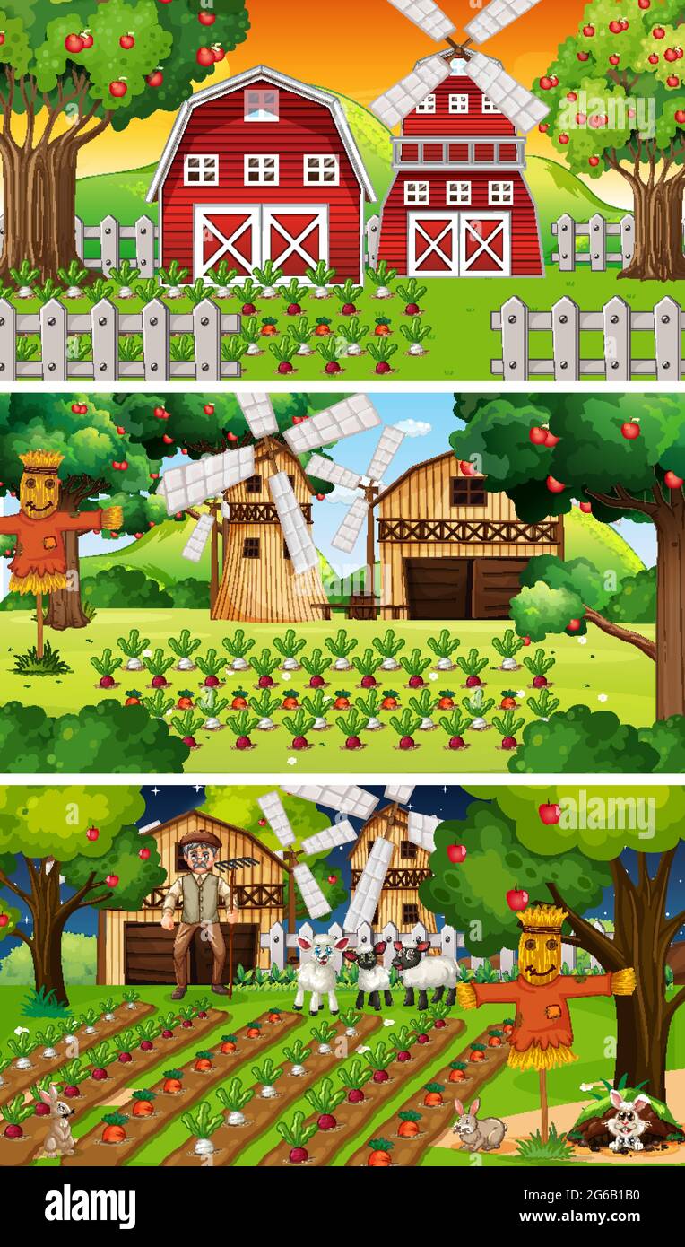 Different farm scenes with old farmer and animal cartoon character ...