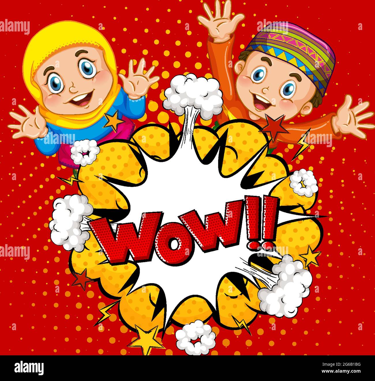 Yeee-haa word on explosion background with muslim children cartoon ...