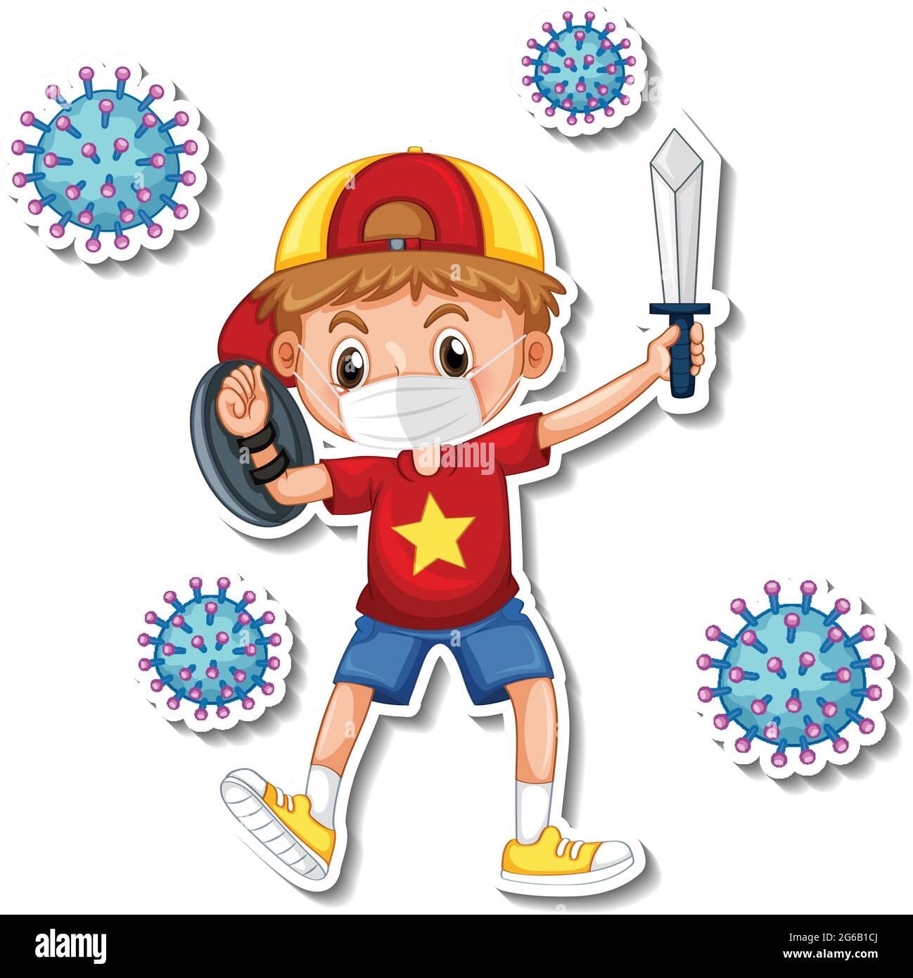 A sticker template with a boy wearing medical mask cartoon character ...