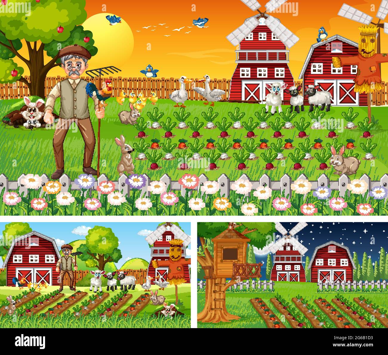 Set of farm scenes at different times illustration Stock Vector Image ...