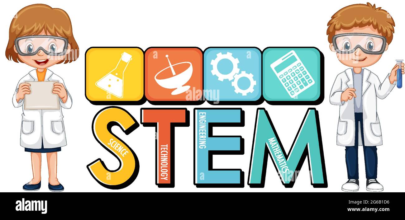 STEM education logo with scientist kids cartoon character illustration ...