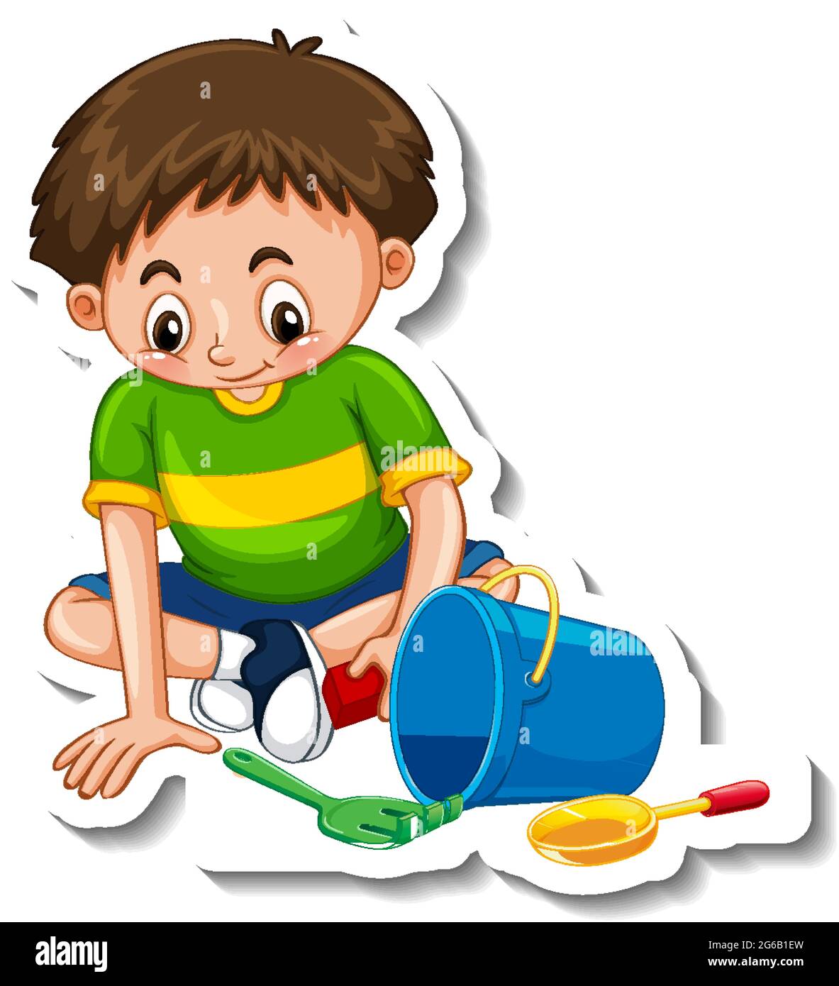Sticker template with a boy playing with his toys isolated illustration ...
