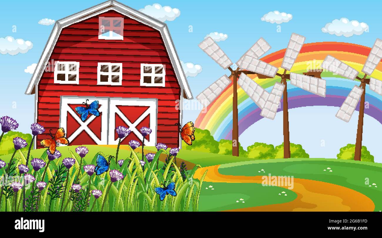 Farm landscape scene with barn and windmill illustration Stock Vector ...