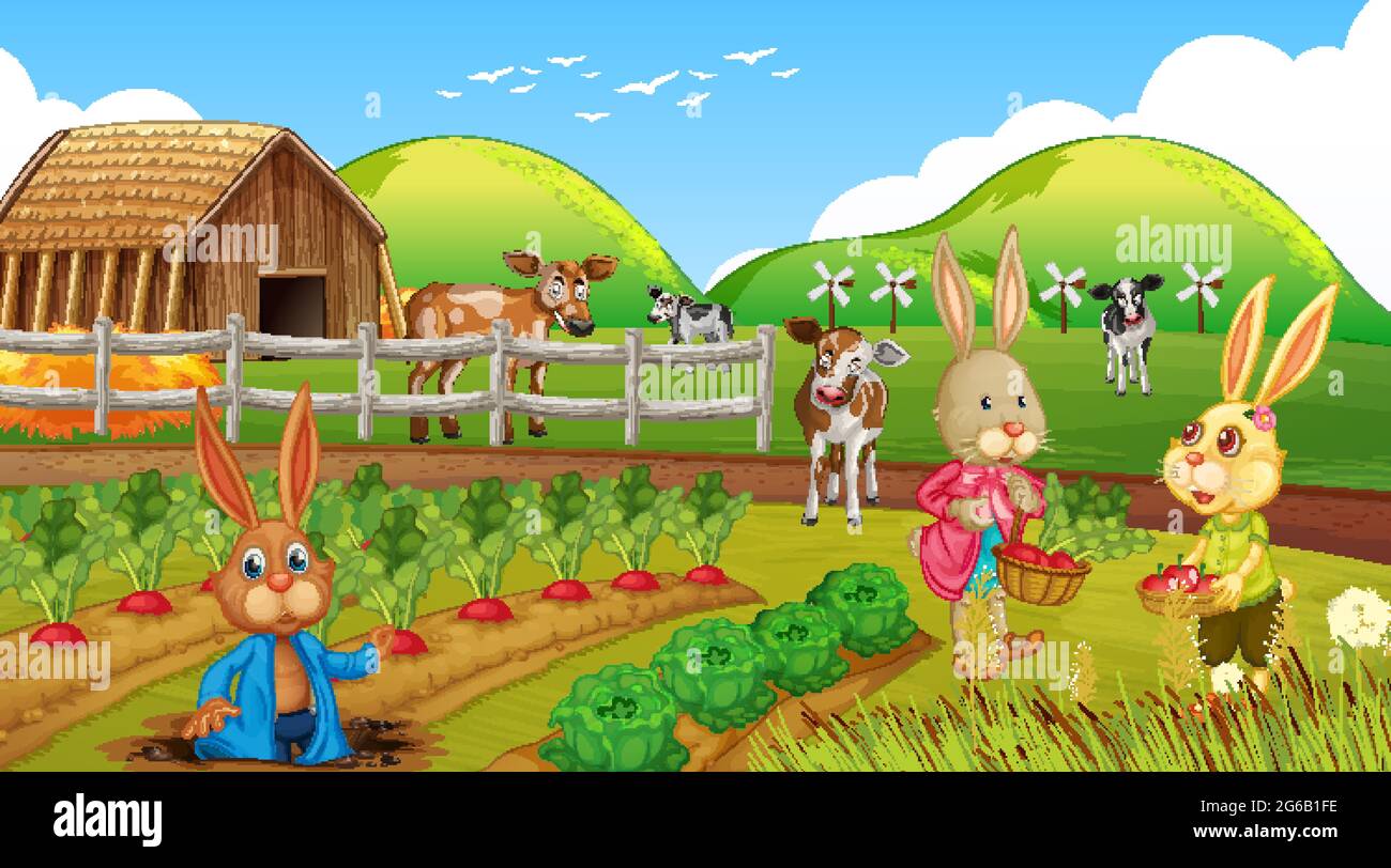 Garden scene with rabbit family cartoon character illustration Stock ...
