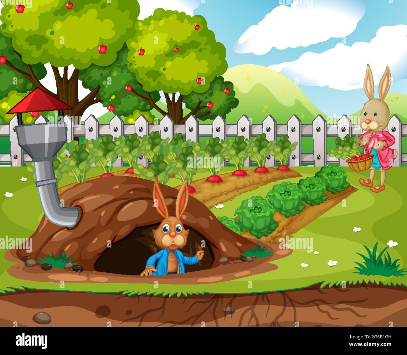 Garden scene with many rabbits cartoon character illustration Stock ...