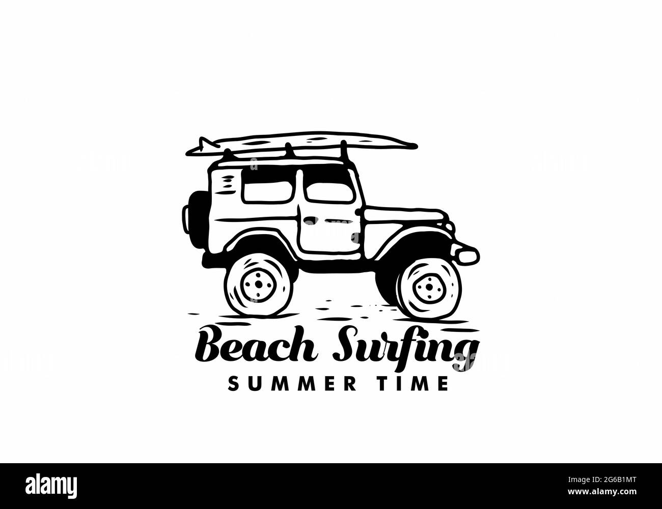 Black illustration drawing of off road car and surfing board design ...
