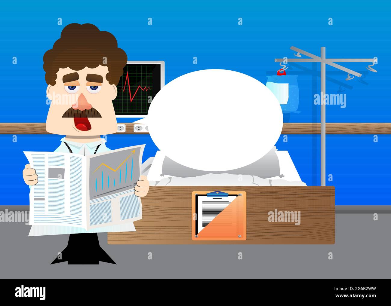 Funny cartoon doctor reading the news. Vector illustration. Health care ...