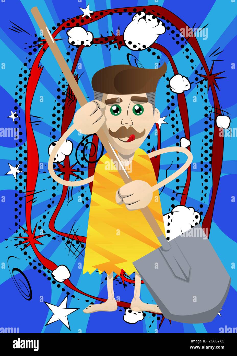 Cartoon prehistoric man holding a big shovel. Vector illustration of a ...