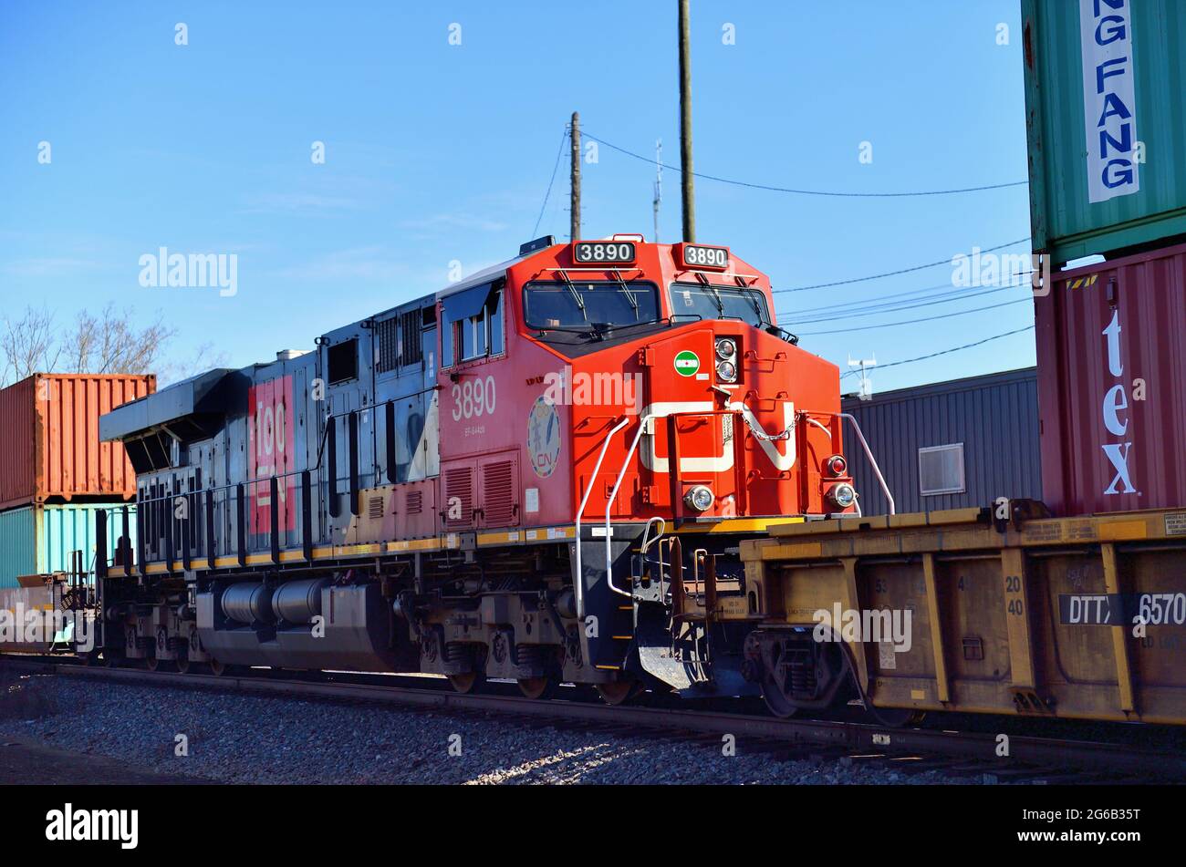 Bartlett, Illinois, USA. A Canadian National Railway locomotive acting ...
