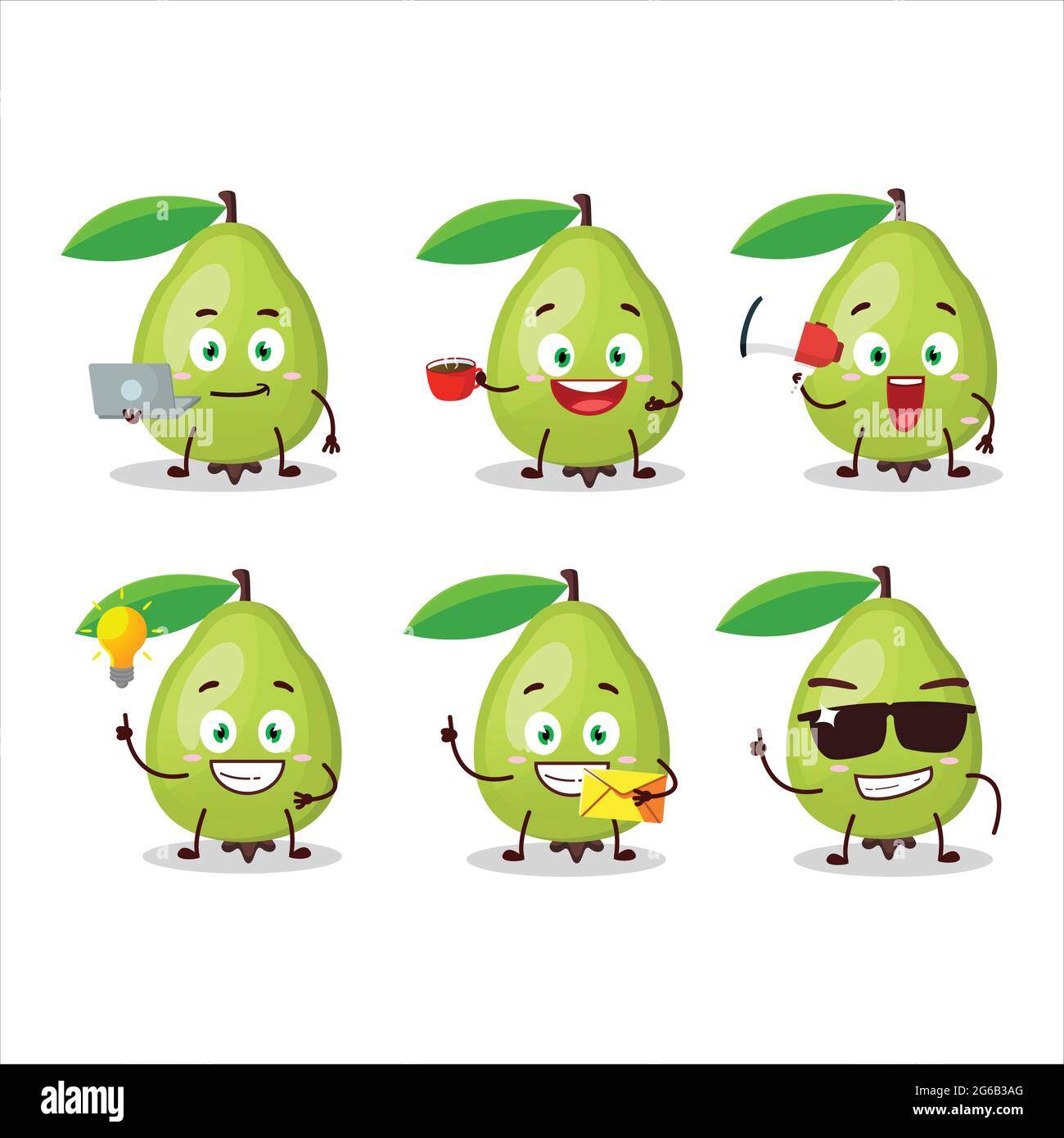 Guava cartoon character with various types of business emoticons ...