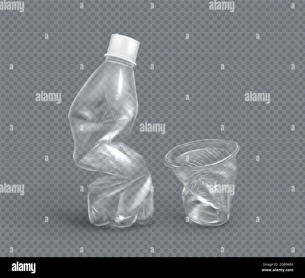 Crumpled plastic cup and bottle for water, disposable mug and flask ...