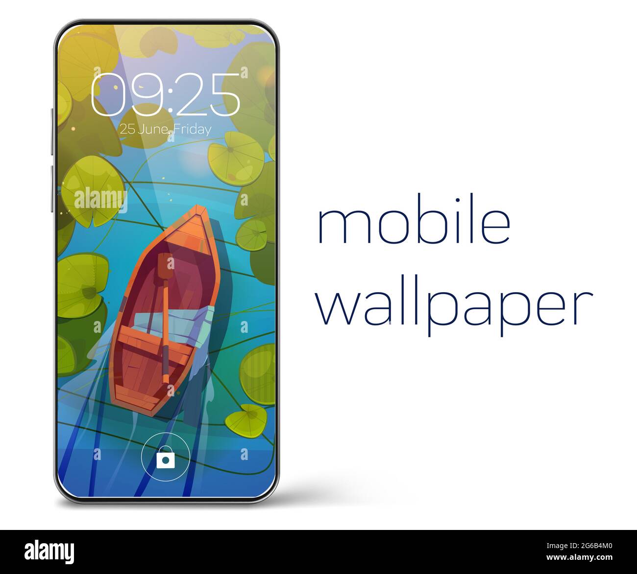 Smartphone lock screen with wooden boat on pond with water lily leaves ...