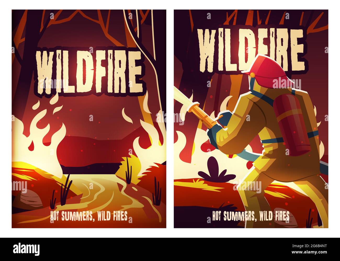 Wildfire posters with burning forest and fireman at night. Vector ...