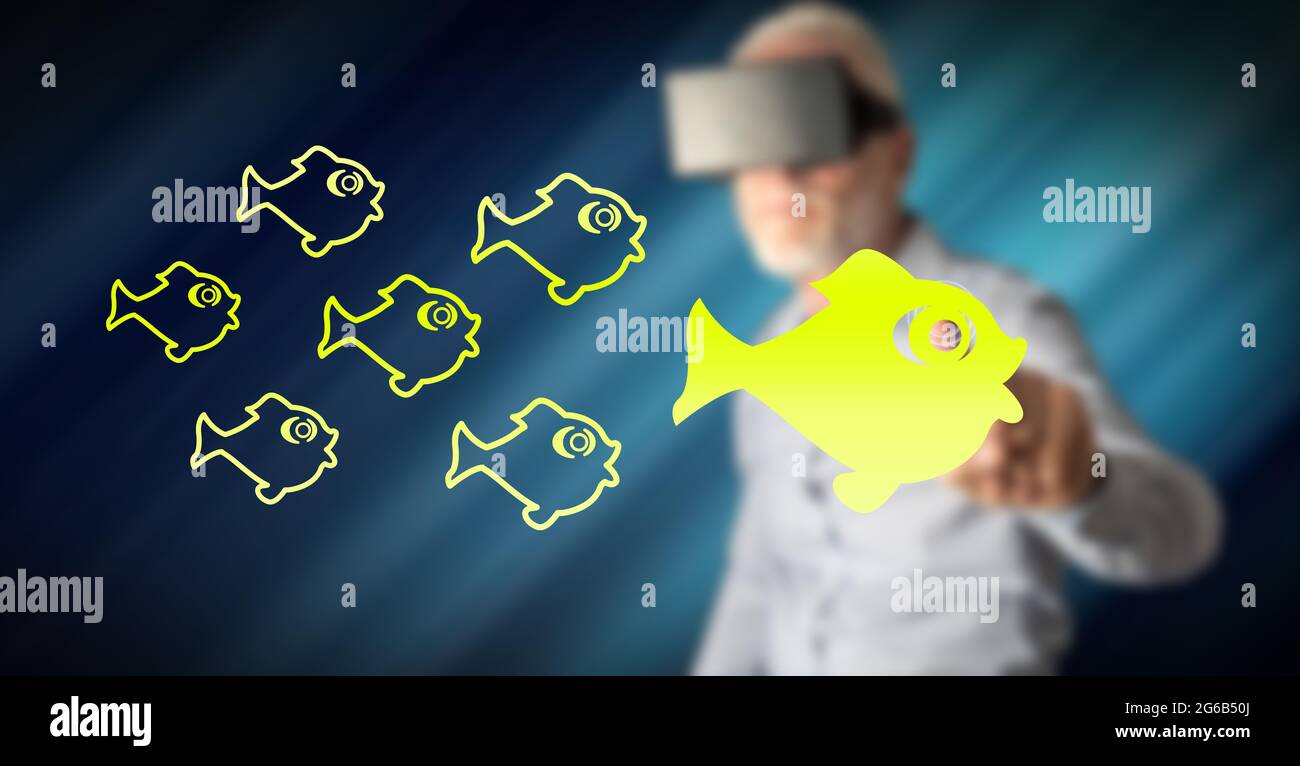 Man with vr headset touching an influencer concept on a touch screen ...