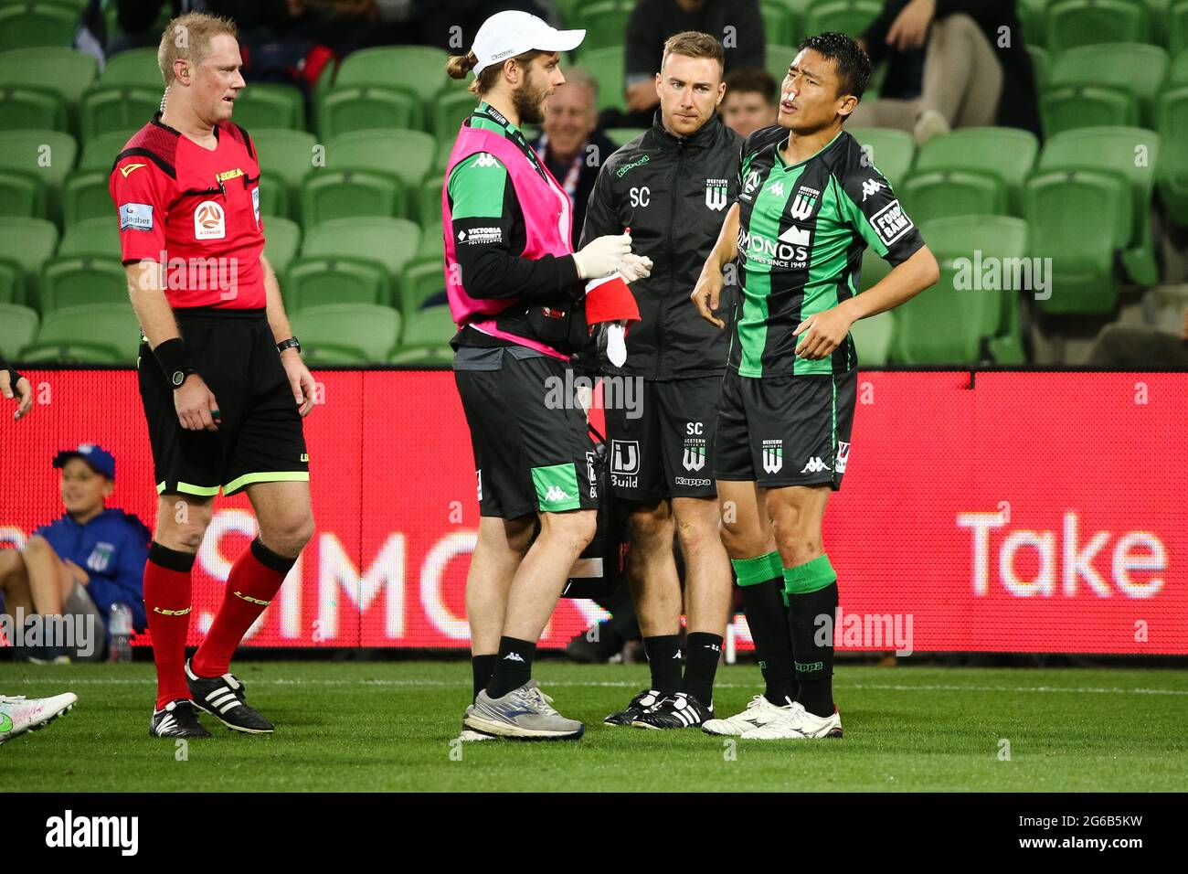 MELBOURNE, AUSTRALIA - APRIL 26: Tomoki Imai of Western United receives ...