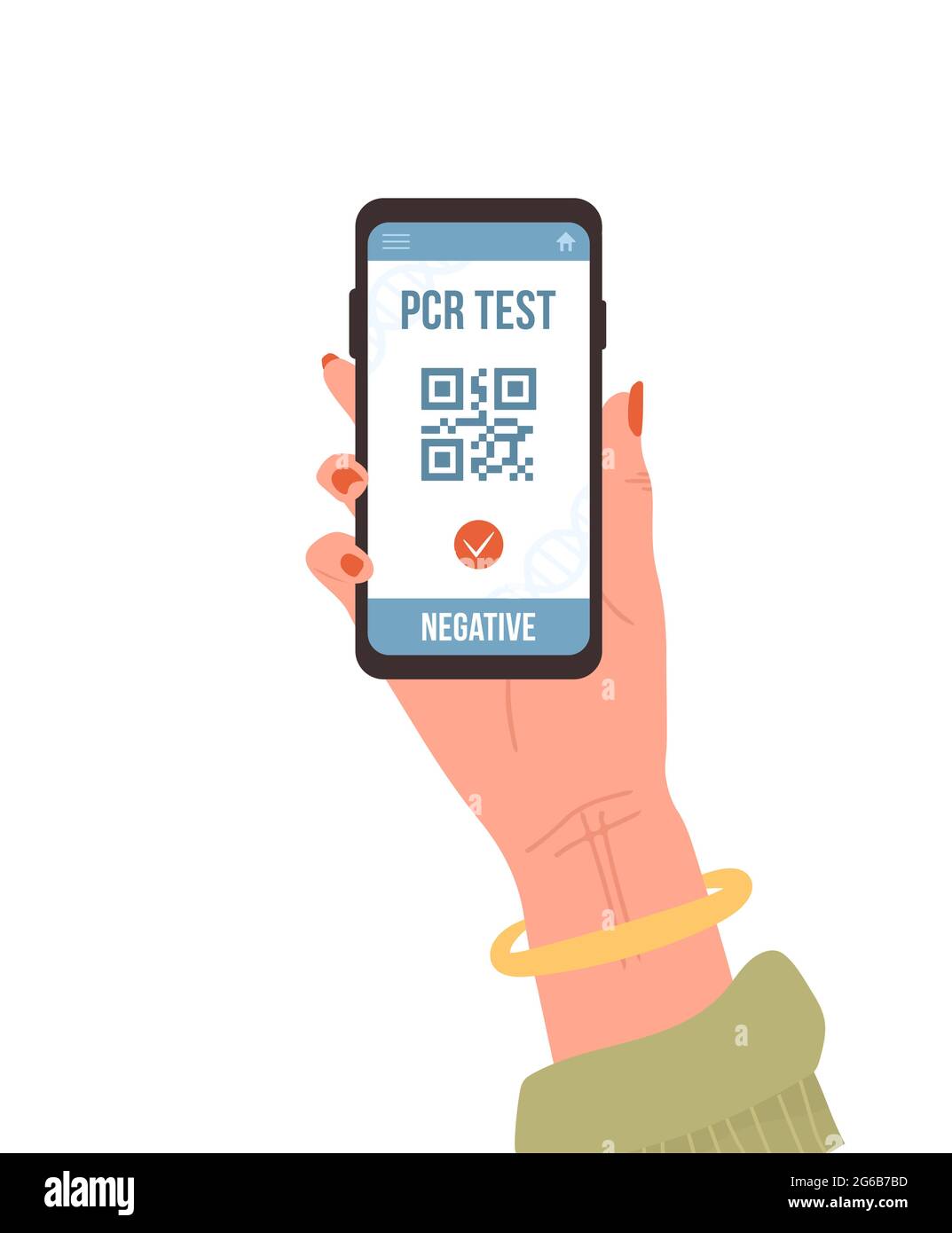 QR code with PCR test. Check of safety from covid-19. Female hand ...