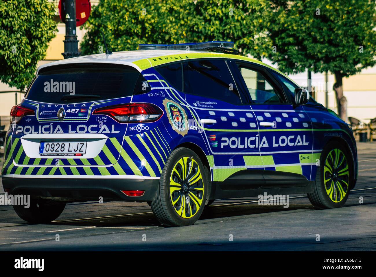 Seville Spain July 04, 2021 Local police patrolling in the streets of ...