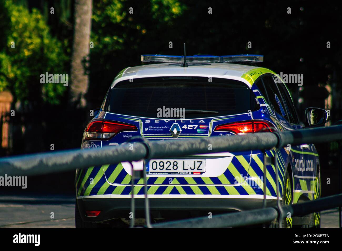 Seville Spain July 04, 2021 Local police patrolling in the streets of ...
