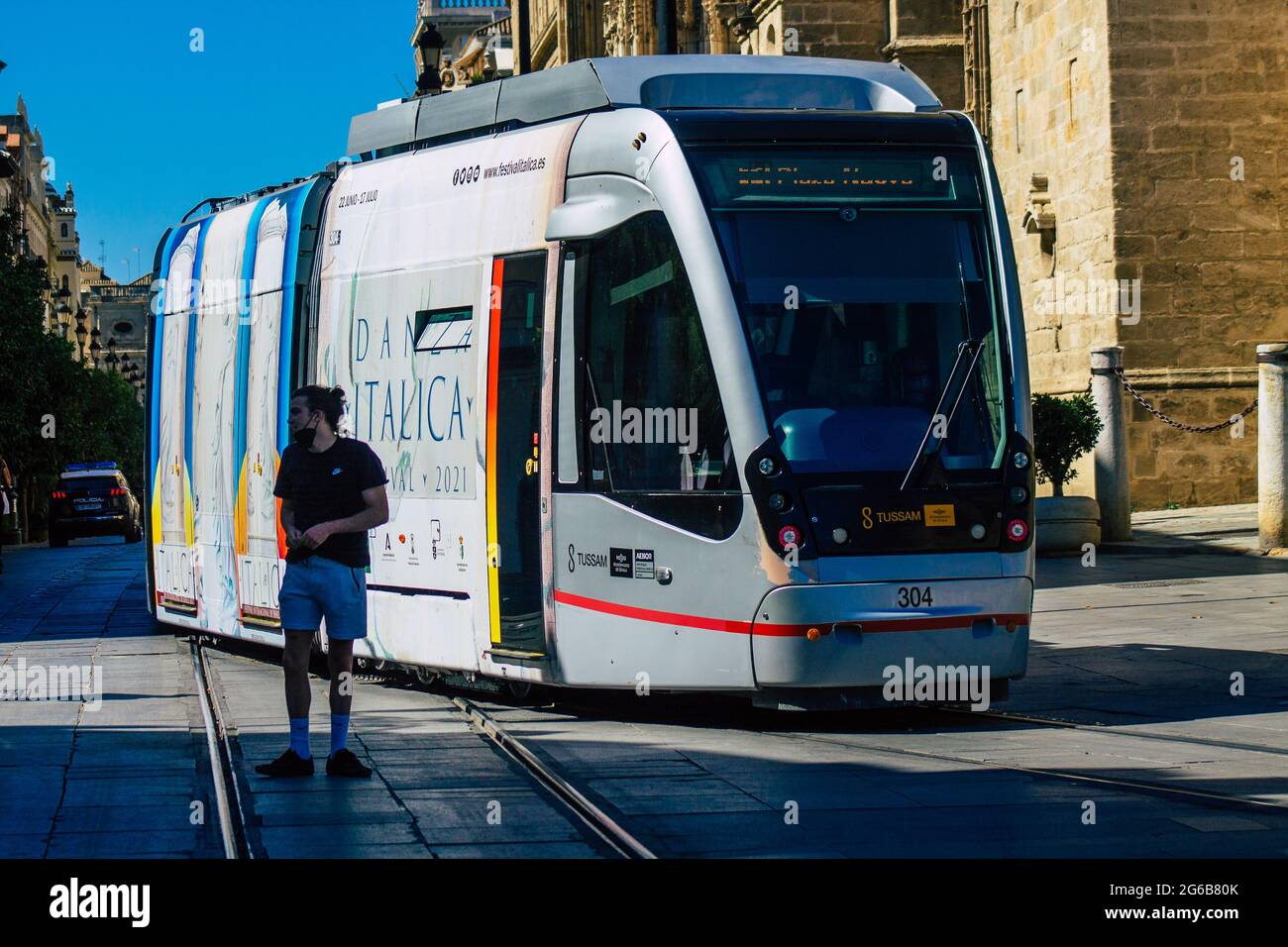 Seville Spain July 04, 2021 Modern electric tram for passengers rolling ...
