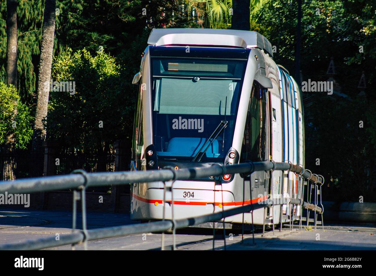 Seville Spain July 04, 2021 Modern electric tram for passengers rolling ...