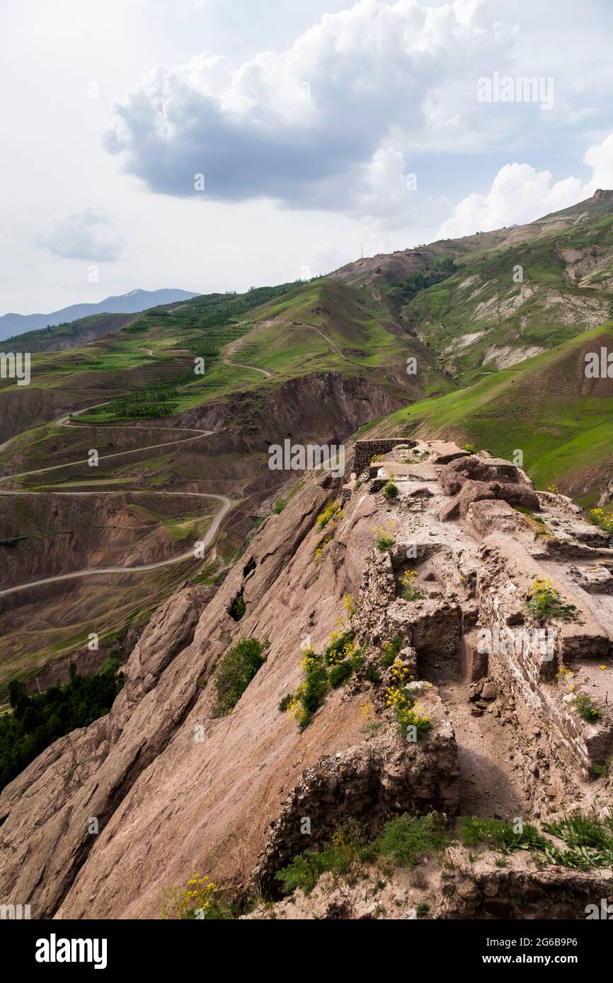 Alamut Castle, archaeological site on steep hilltop, Alamut, Qazvin ...