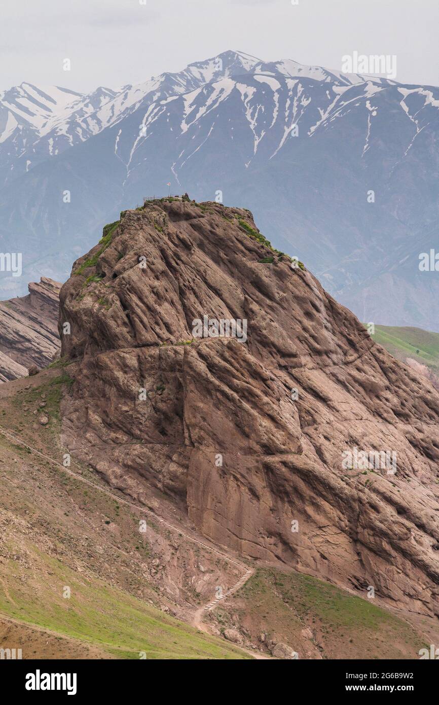 Distant view of Alamut Castle(fort), on steep hilltop, and Alborz ...