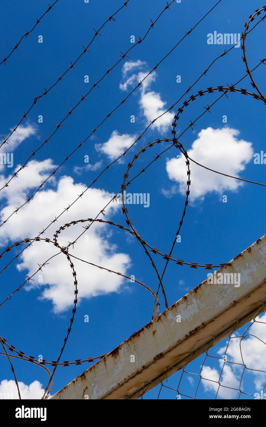 Diagonal shot with the perimeter of the fence with different types of ...