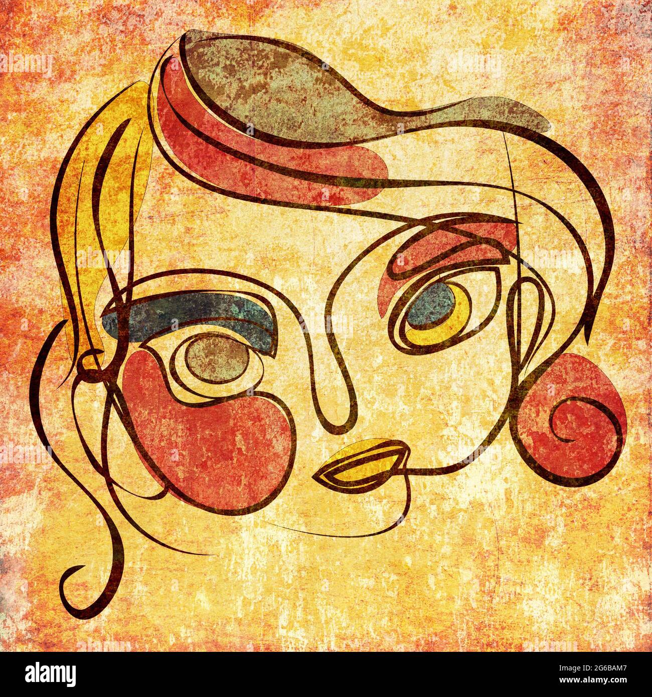 Contemporary line art style female portrait with colorful abstract ...