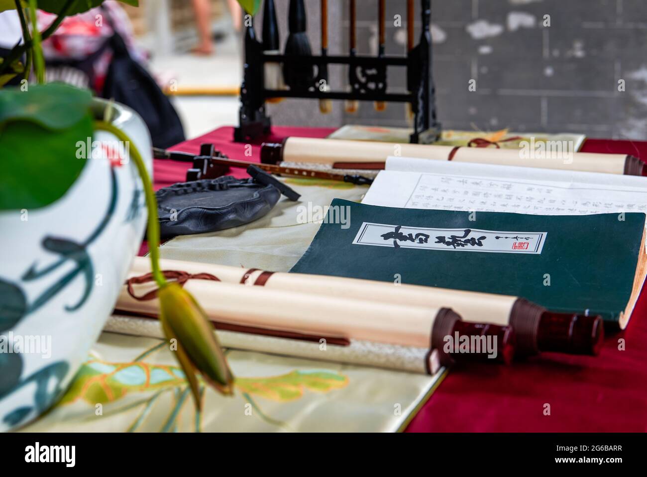Traditional Chinese calligraphy art desk, pen, ink, paper and inkstone ...