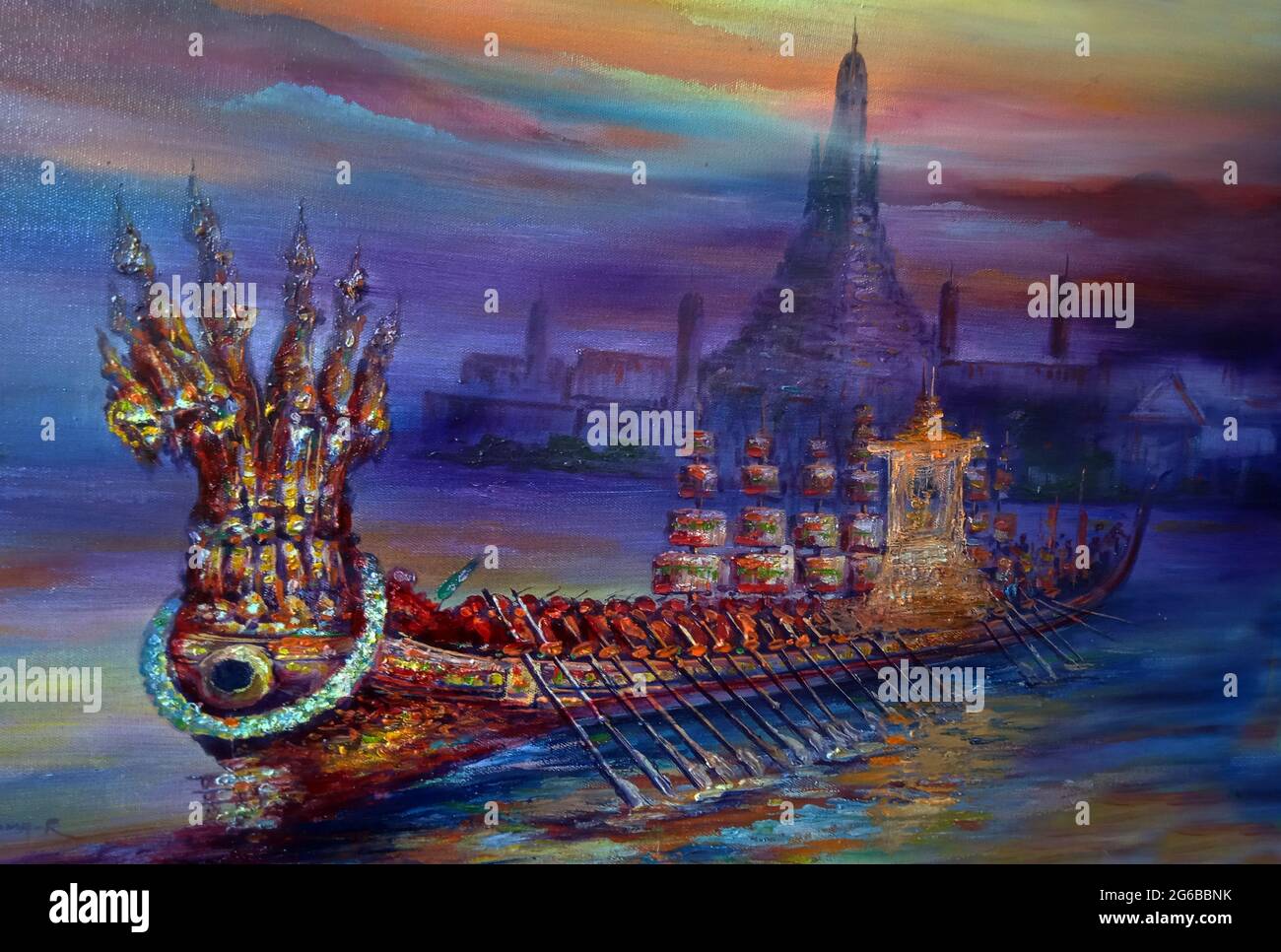 Art painting Oil color royal barge Thailand , religion , meditate ...