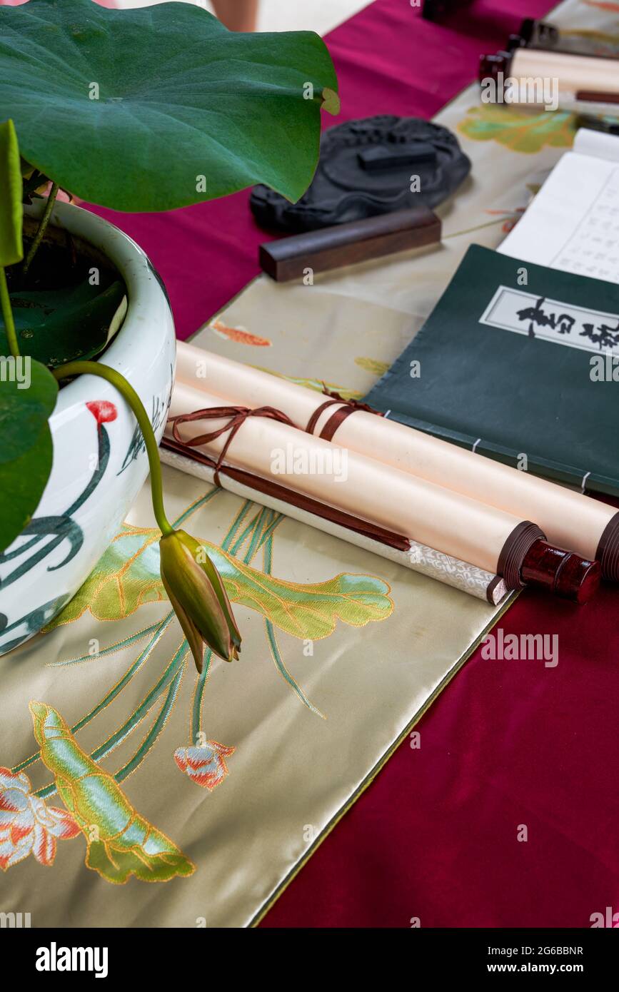 Pen, ink, paper, inkstone and writing desk of traditional Chinese ...
