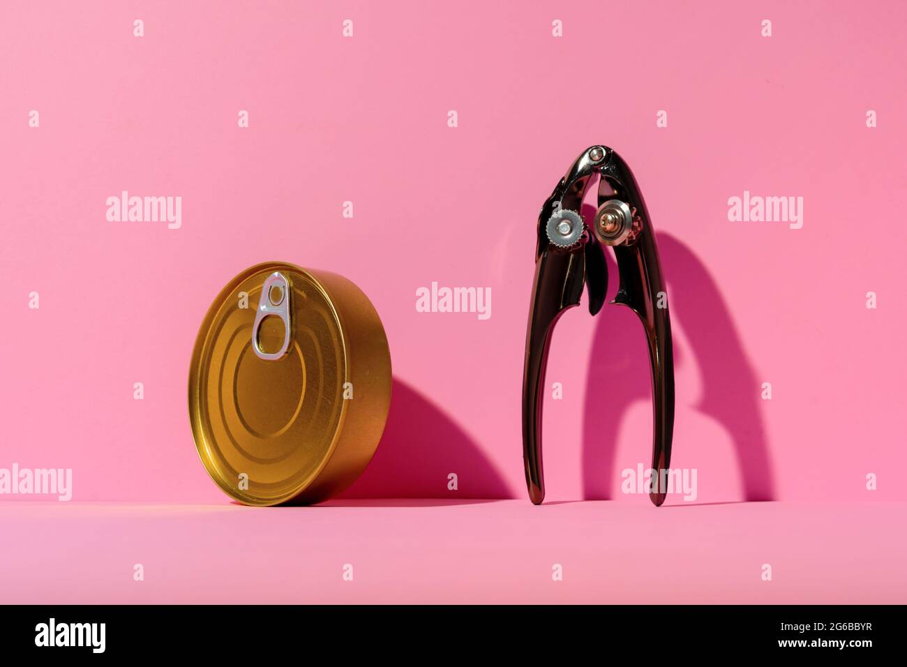 Canned food tin on pink studio background Stock Photo - Alamy