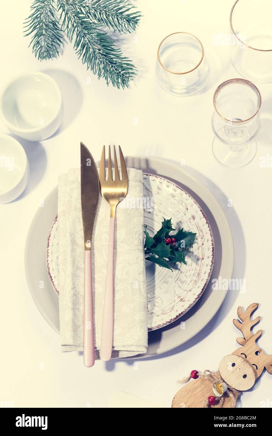 Christmas table setting with decoration. Top view Stock Photo - Alamy