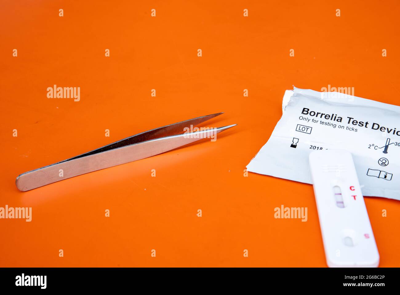 Positive Borrelia Test with tweezers on an orange table. Concept ...