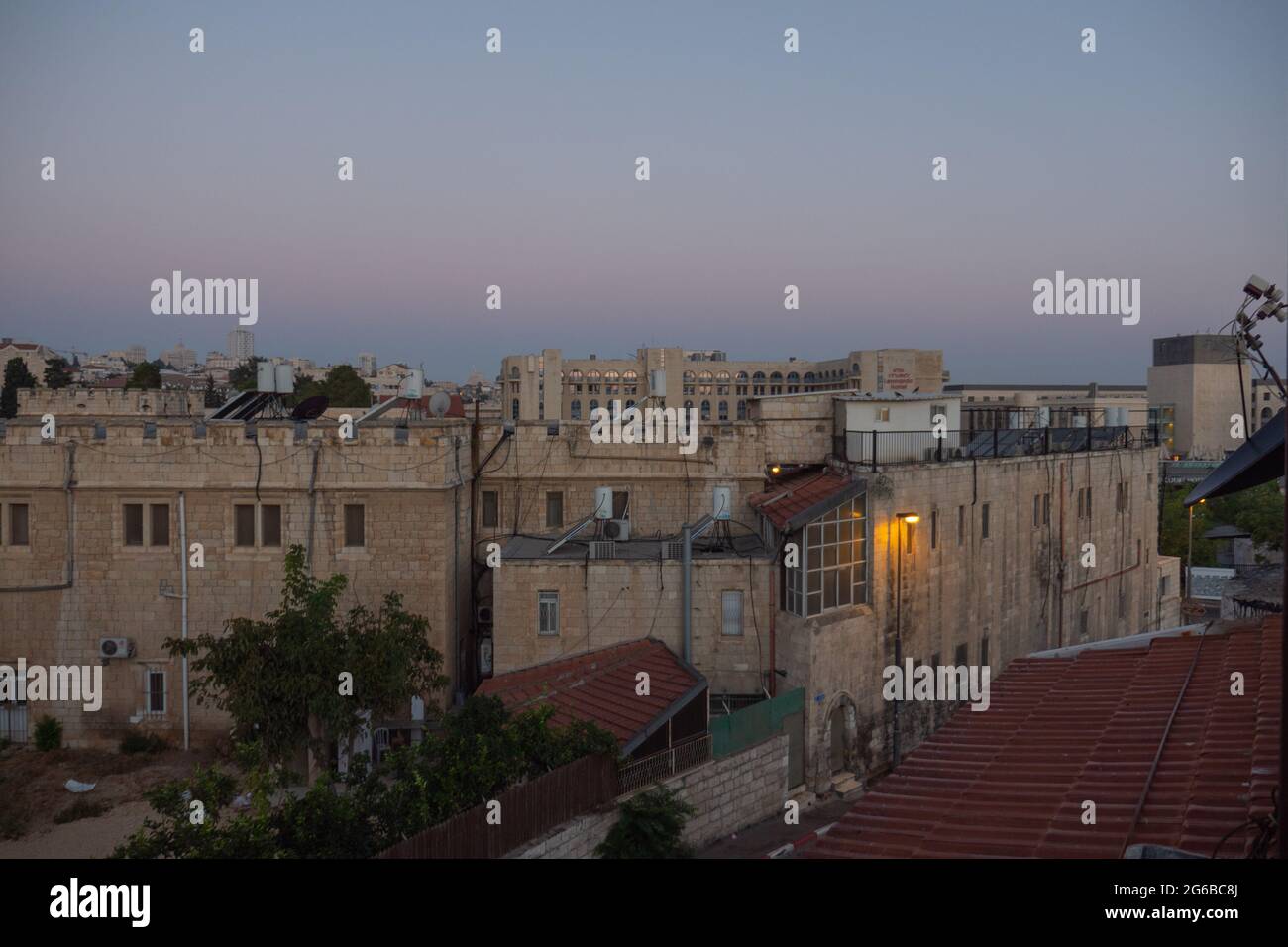 Early morning in the Jerusalem. Sunrise time. City view. Old buildings ...